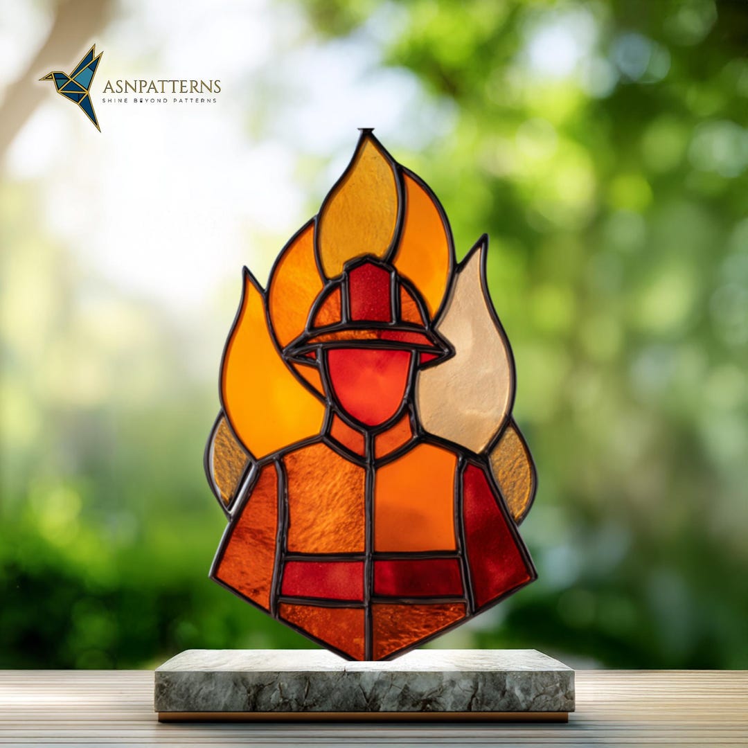 Firefighter Stained Glass Pattern, Firefighter Suncatcher, Stained ...
