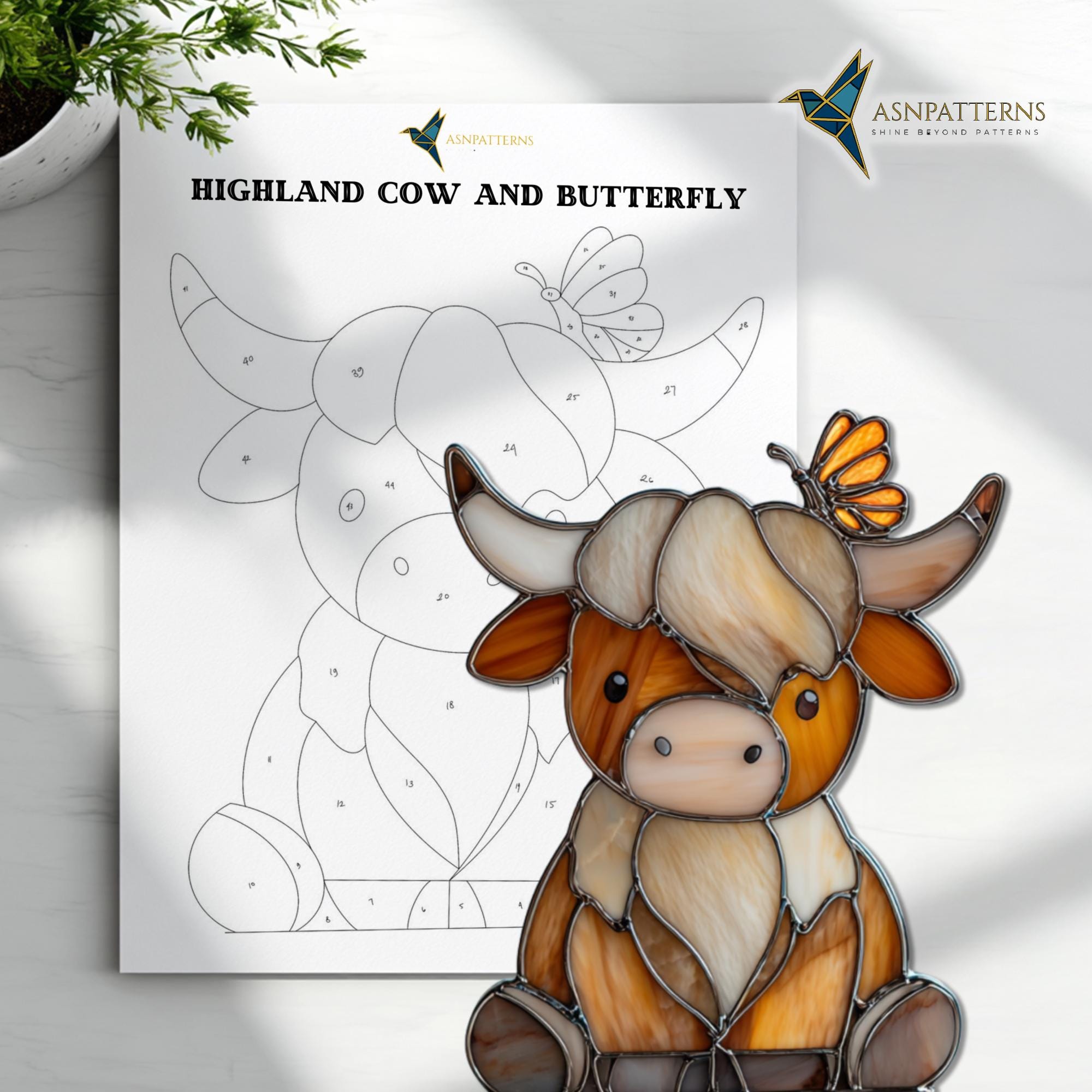 Highland Cow With Butterfly Stained Glass, Cute Highland Cow Suncatcher ...
