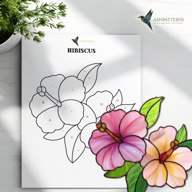 Hibiscus Stained Glass Pattern, Pink Hibiscus Suncatcher Template, DIY ...