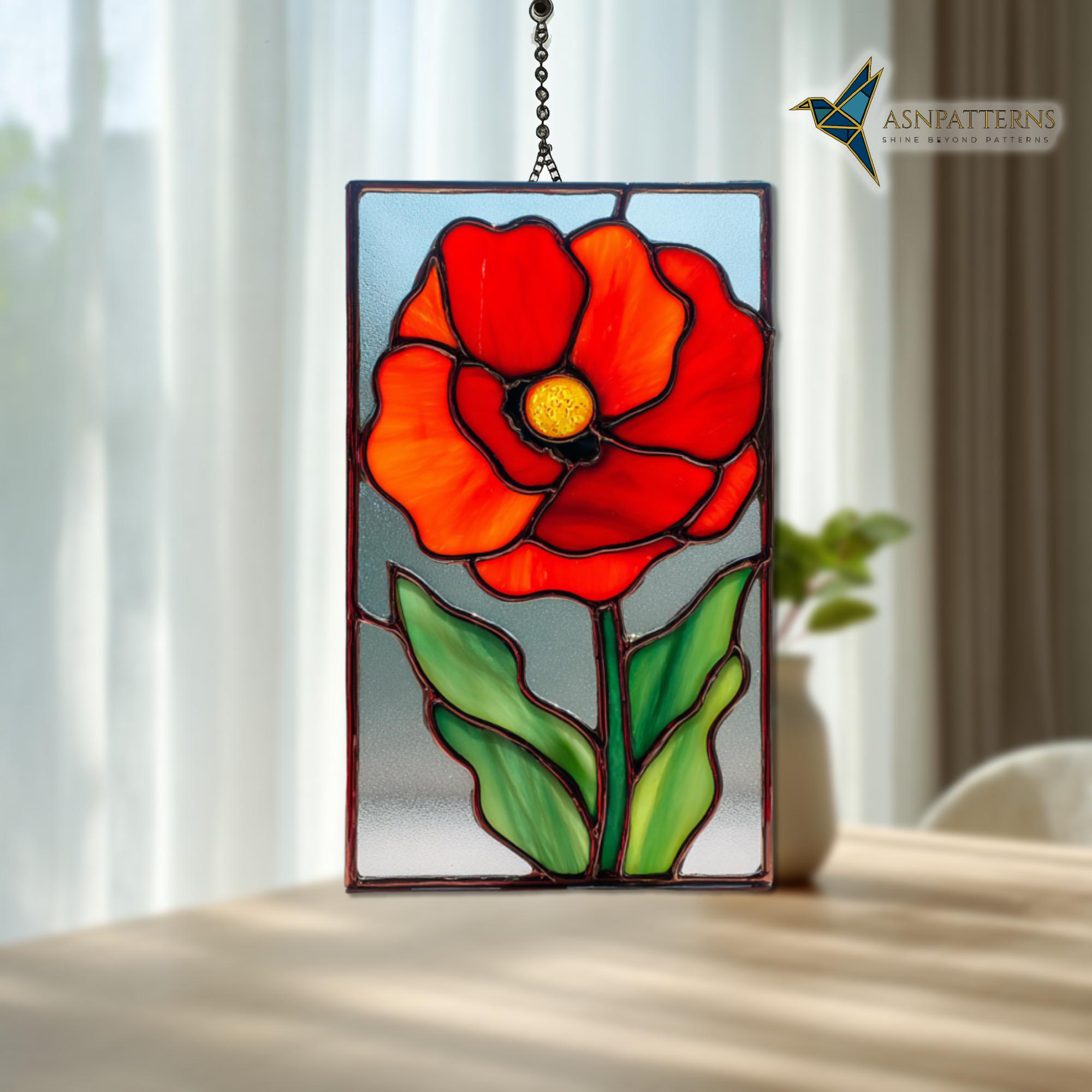 Large Poppy Stained Glass Pattern, Red Poppy Suncatcher PDF Template ...