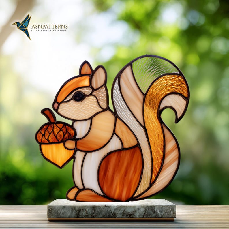 Squirrel With Acorn Stained Glass Pattern, Squirrel Suncatcher, Stained ...