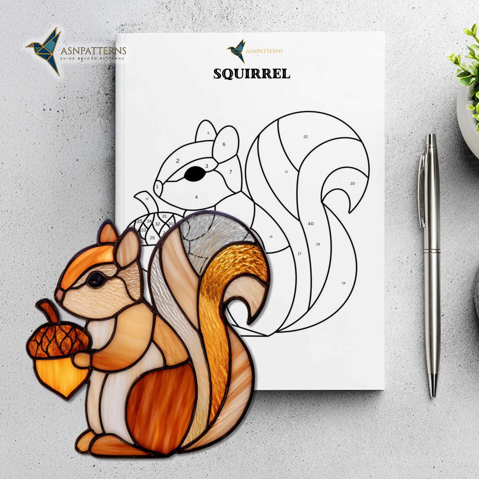 Squirrel With Acorn Stained Glass Pattern, Squirrel Suncatcher, Stained ...