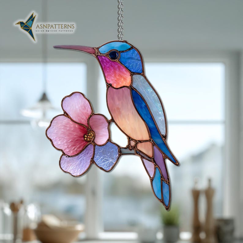Hummingbird on Flower Stained Glass Pattern, Hummingbird Suncatcher ...