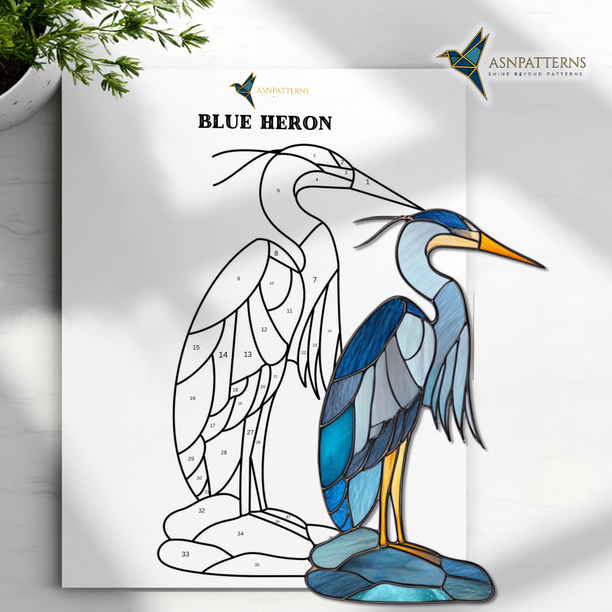 Blue Heron Stained Glass Pattern, Blue Heron Suncatcher, Stained Glass ...