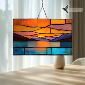 Lake Stained Glass Pattern, Sunset on Lake Suncatcher, Stained Glass ...
