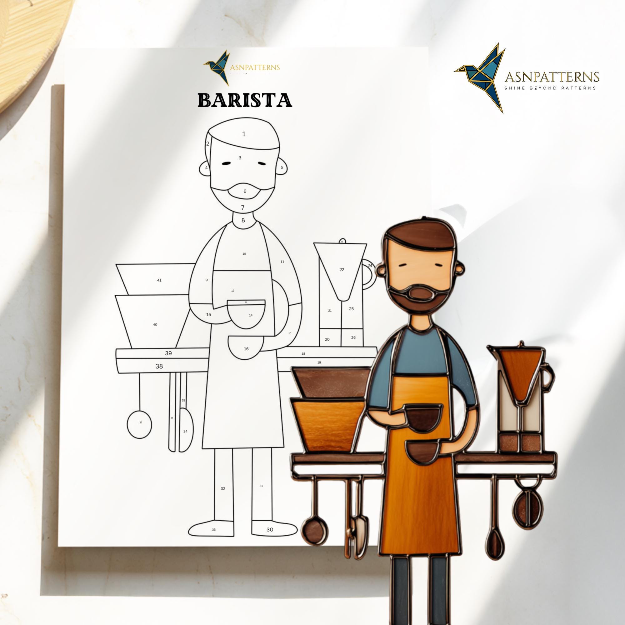 Barista Stained Glass Pattern, Coffee Shop Suncatcher Template, DIY ...