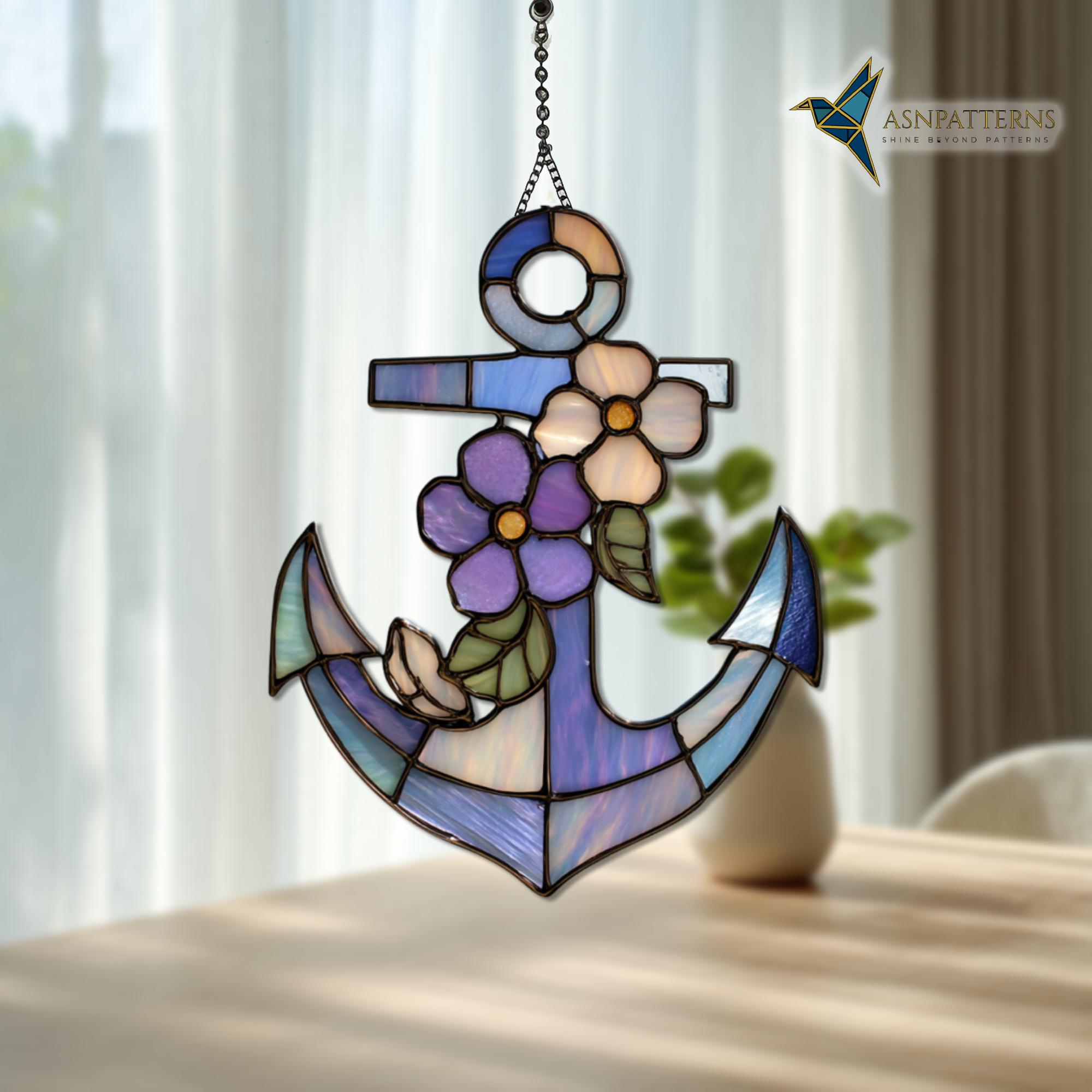 Floral Anchor Stained Glass Pattern, Anchor Suncatcher Template, DIY ...