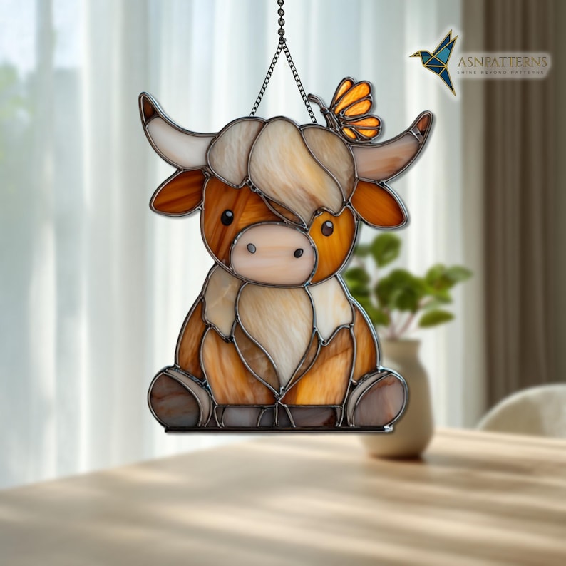 Highland Cow With Butterfly Stained Glass, Cute Highland Cow Suncatcher ...
