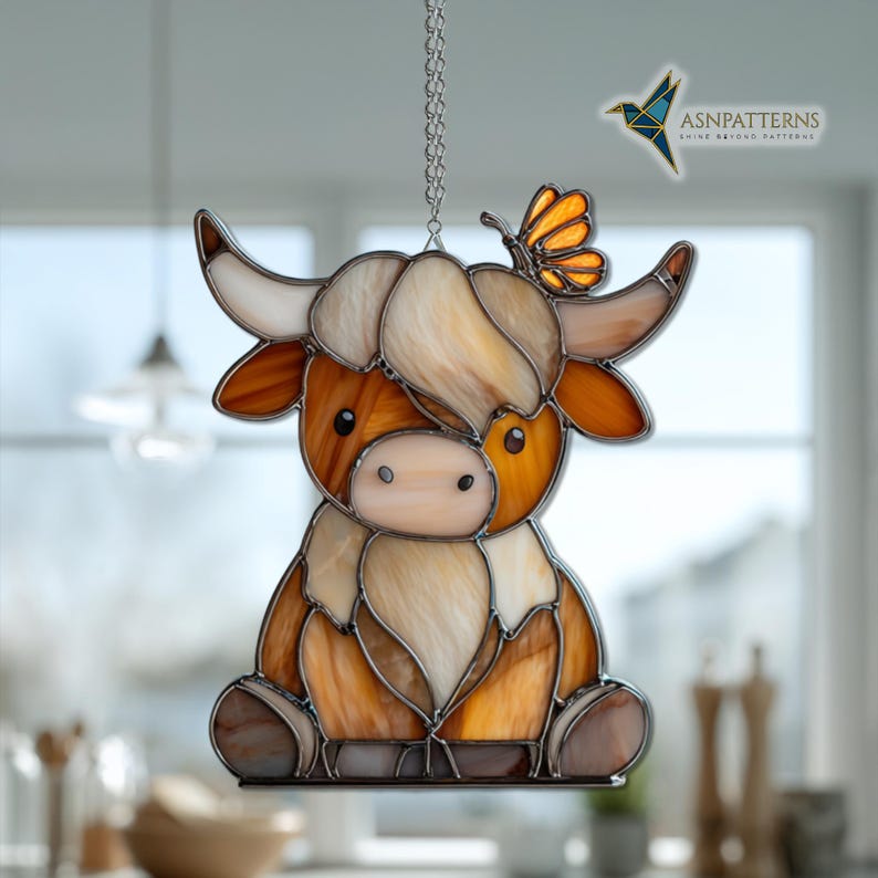 Highland Cow With Butterfly Stained Glass, Cute Highland Cow Suncatcher ...