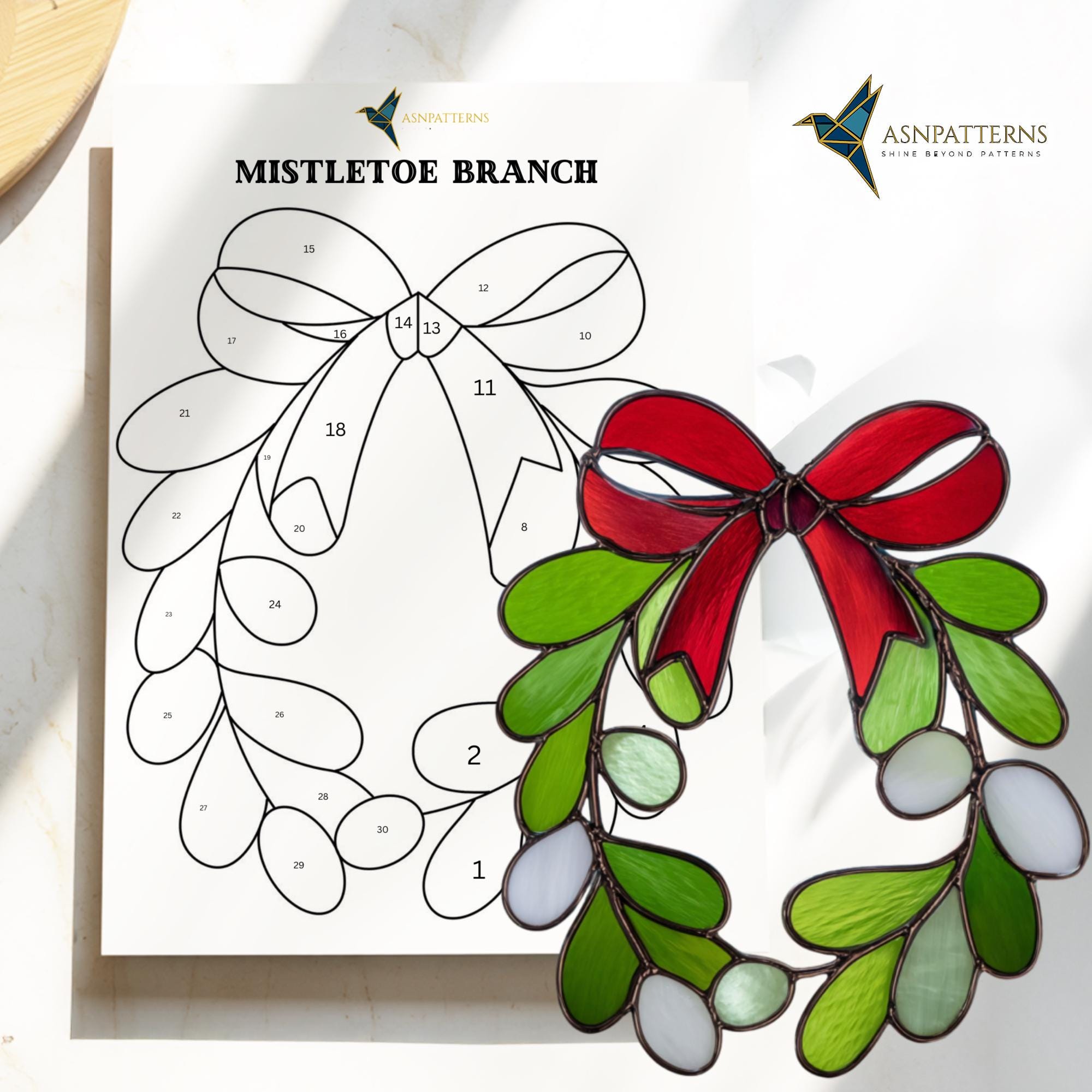 Mistletoe Branch Stained Glass Pattern, Mistletoe Wreath Suncatcher ...