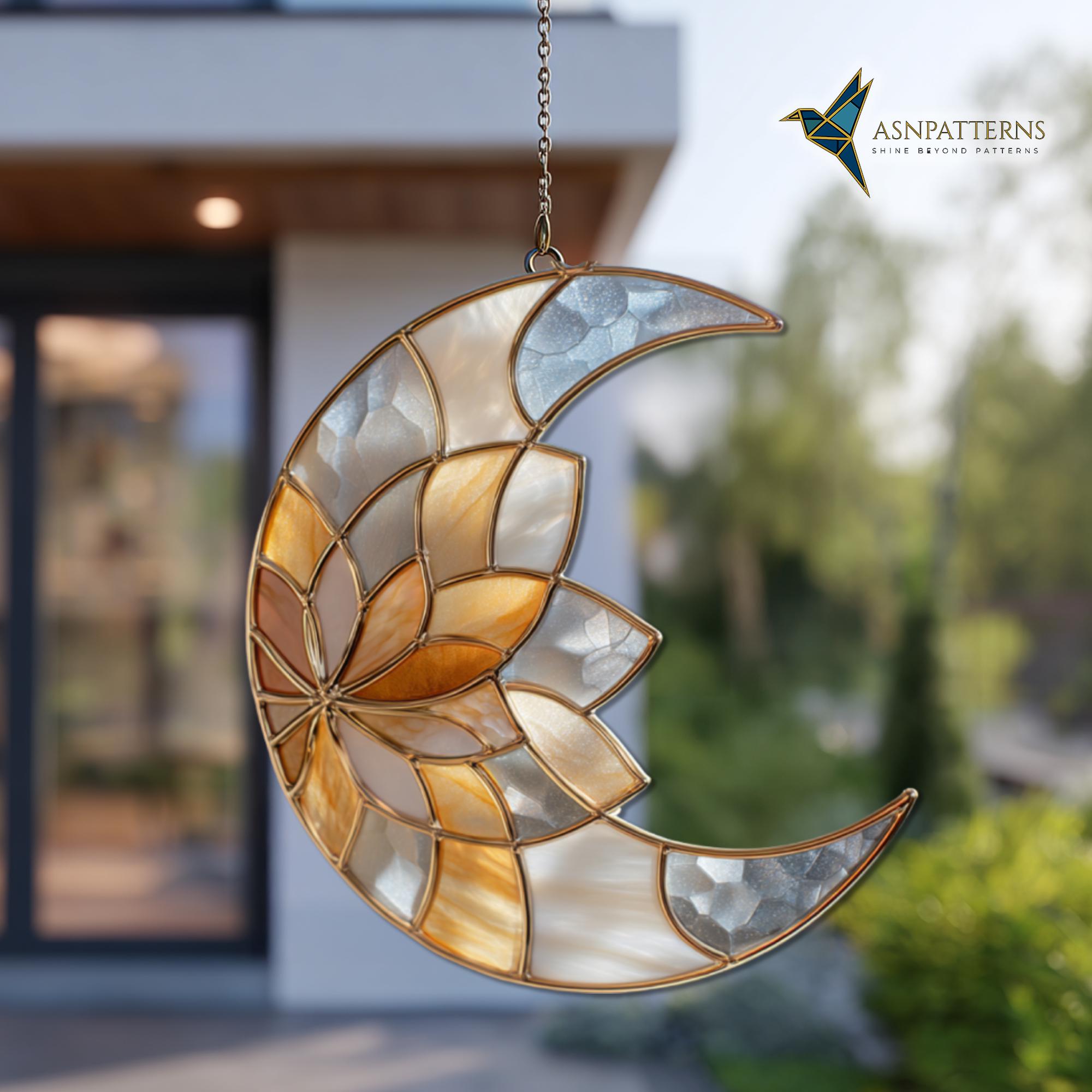 Mandala Moon Stained Glass Pattern, Crescent Moon Suncatcher, Stained ...