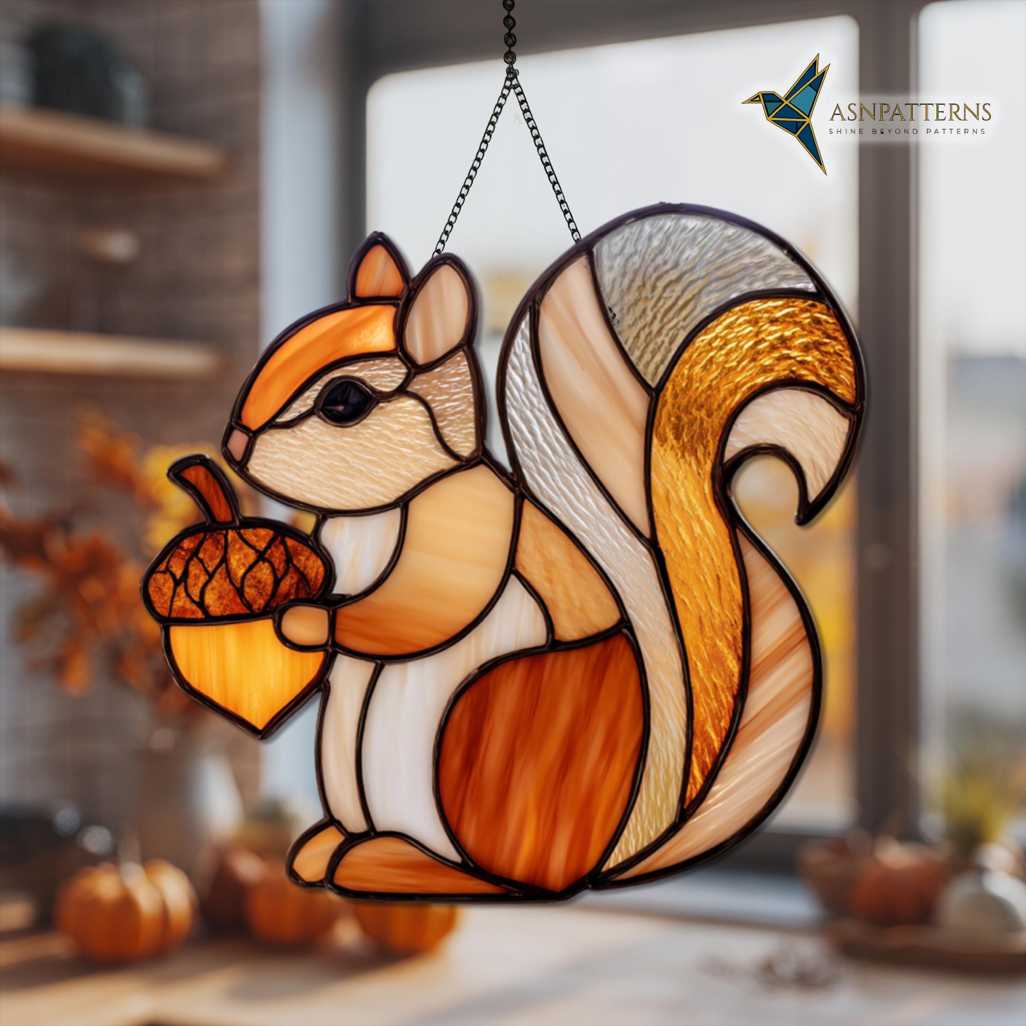 Squirrel With Acorn Stained Glass Pattern, Squirrel Suncatcher, Stained ...