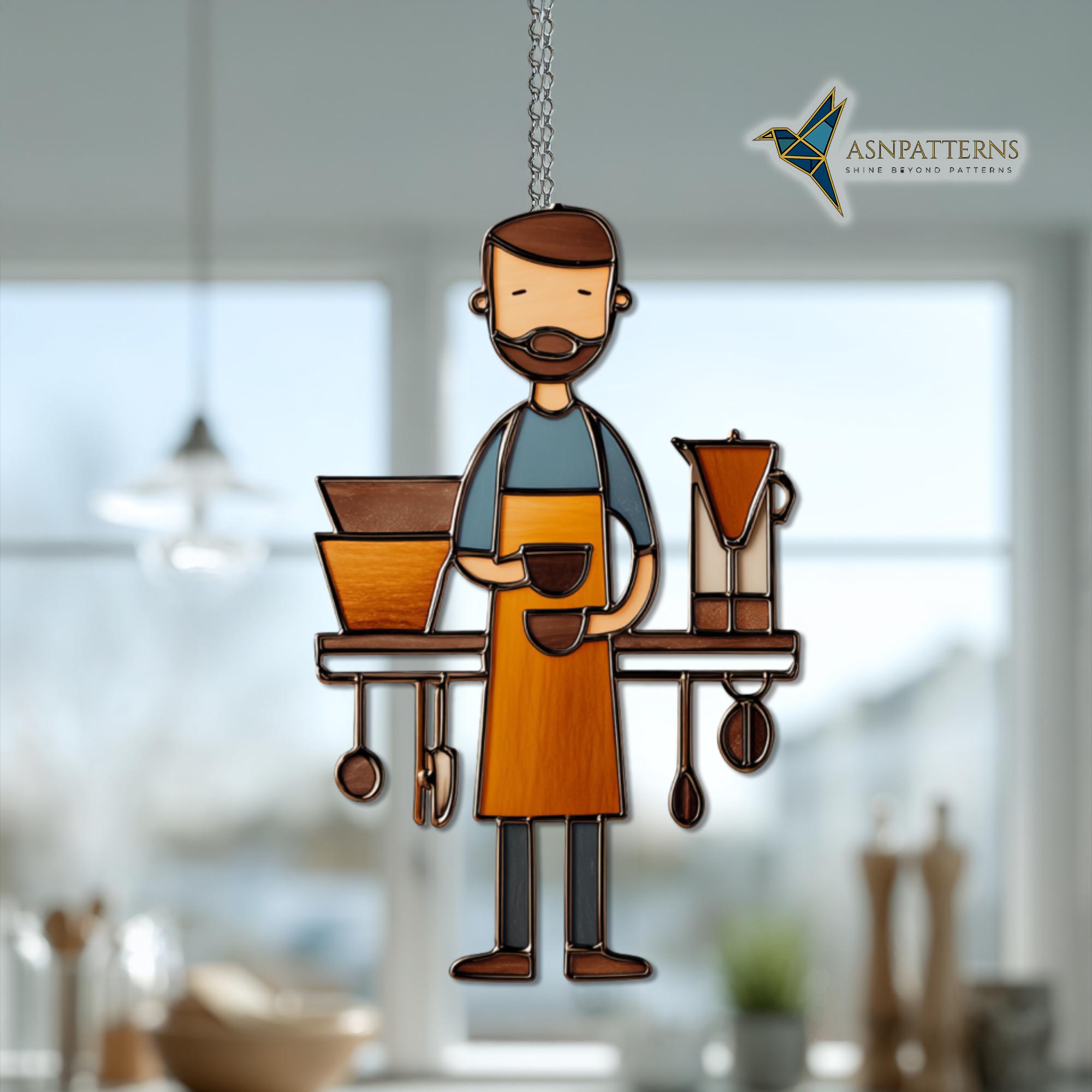 Barista Stained Glass Pattern, Coffee Shop Suncatcher Template, DIY ...