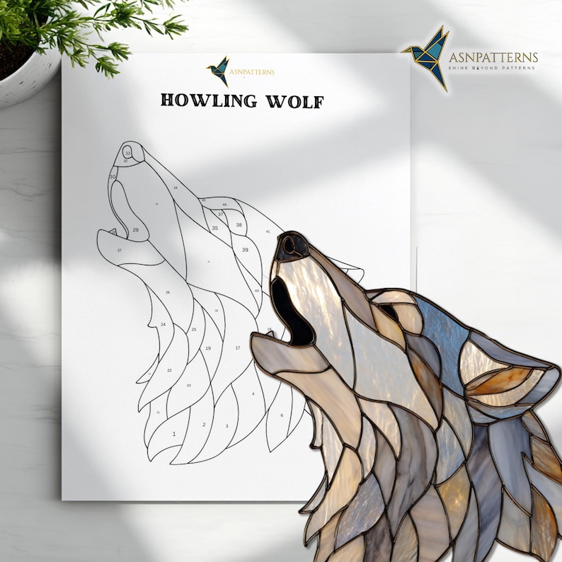 Howling Wolf Stained Glass Pattern, Wolf Suncatcher, Stained Glass Wolf ...