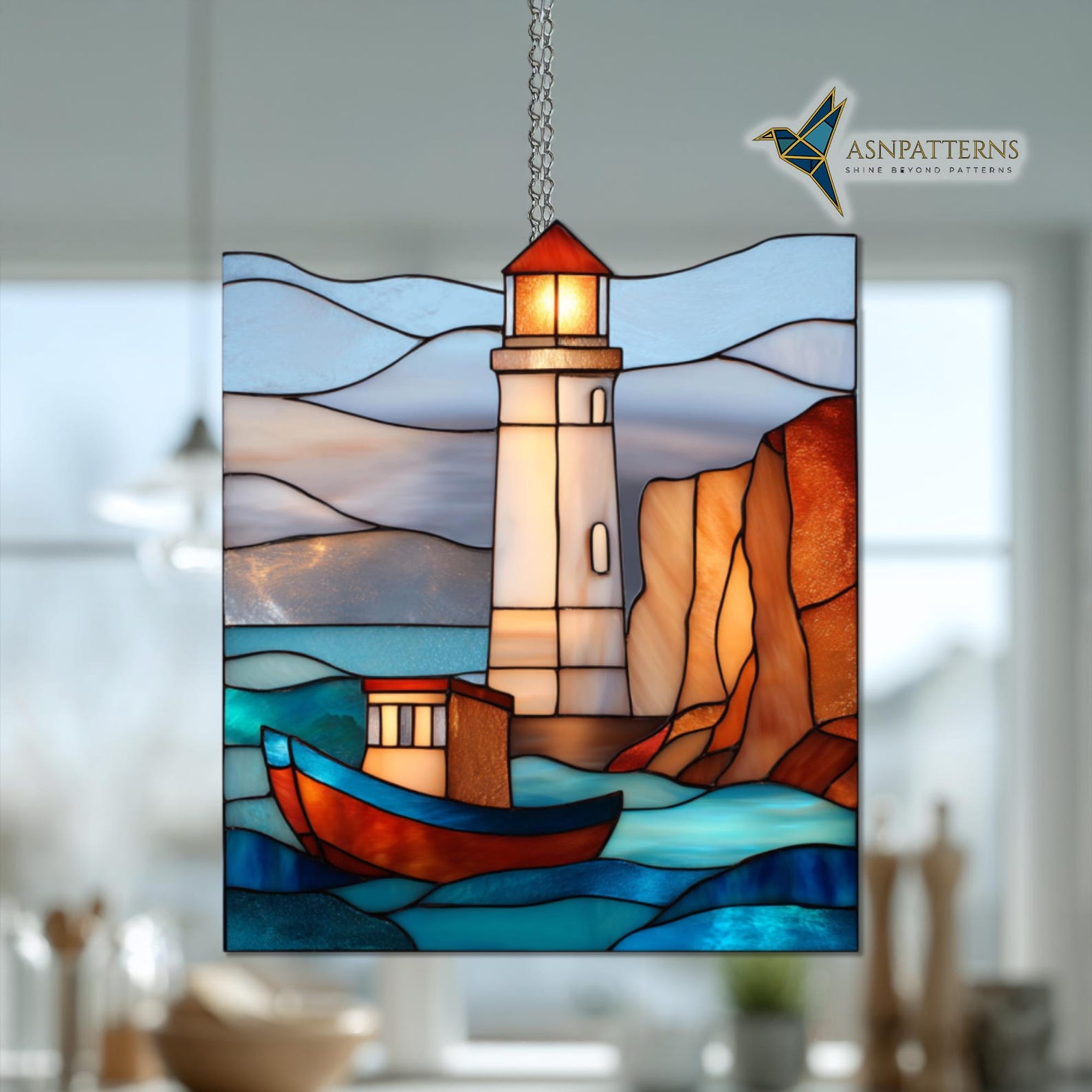 Lighthouse With Boat Stained Glass Pattern, Lighthouse Suncatcher ...