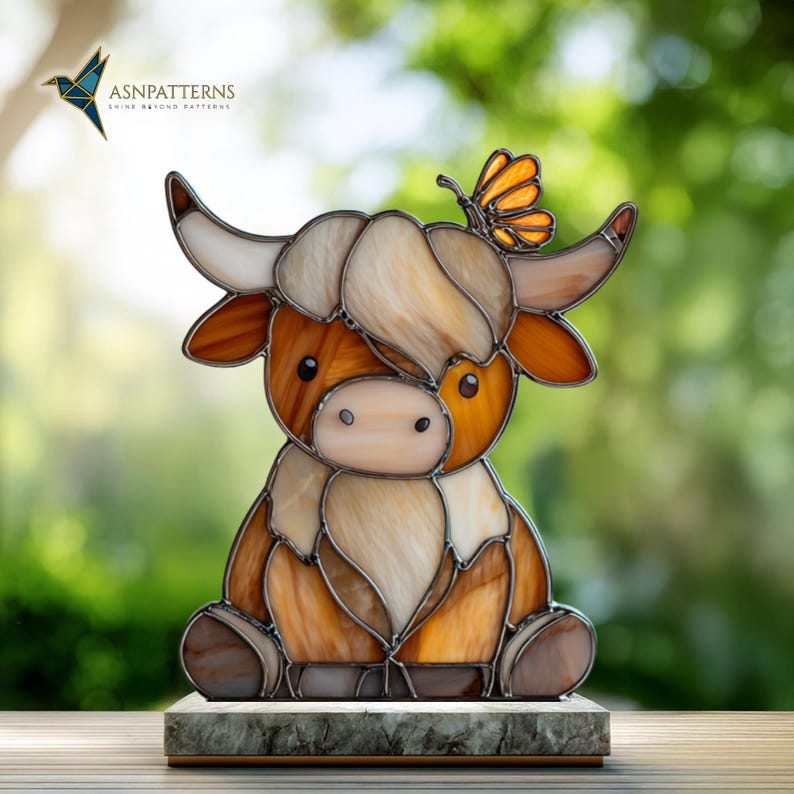 Highland Cow With Butterfly Stained Glass, Cute Highland Cow Suncatcher ...