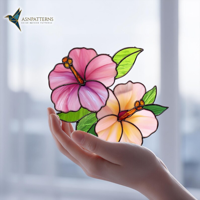 Hibiscus Stained Glass Pattern, Pink Hibiscus Suncatcher Template, DIY ...