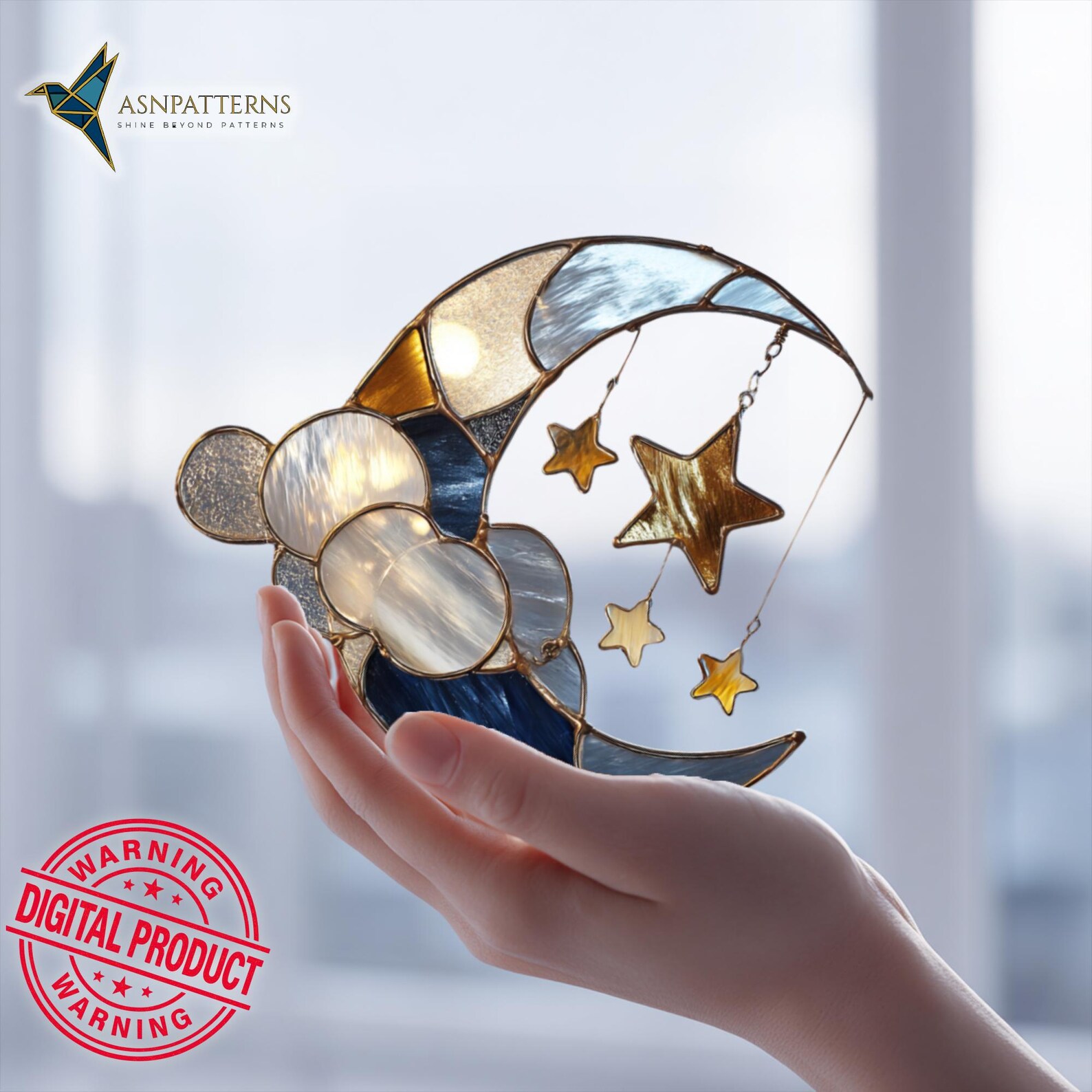 Night Moon Stained Glass Pattern, Moon and Cloud Suncatcher PDF ...