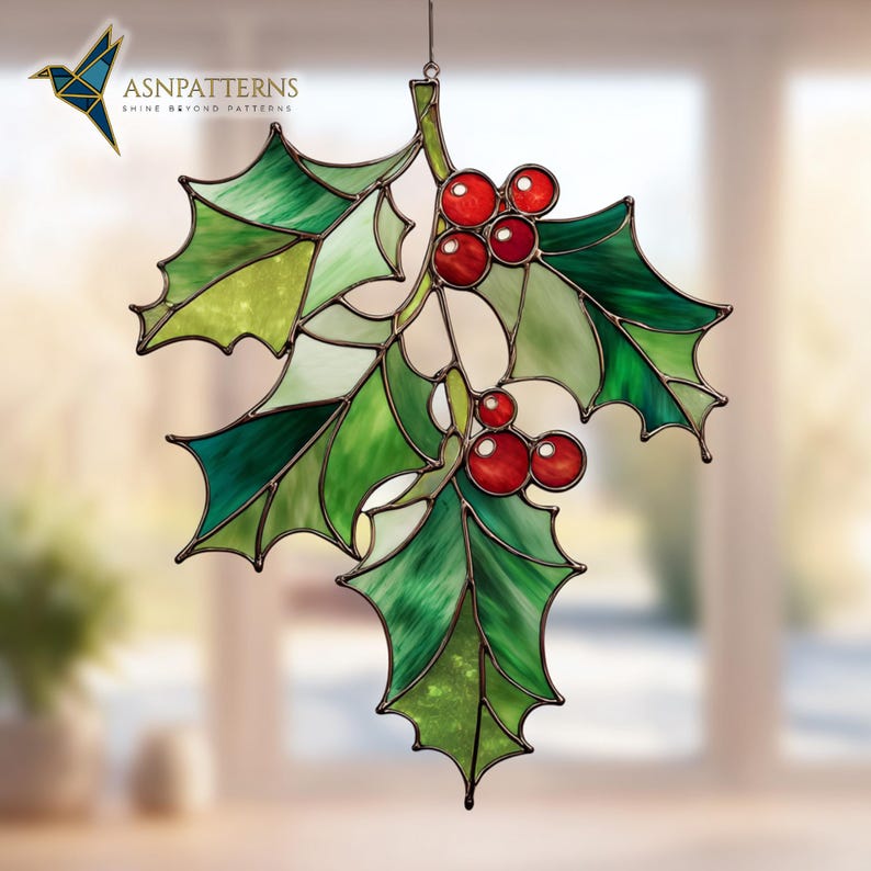 Holly Berry Leaves Stained Glass Pattern, Holly Berry Suncatcher PDF ...