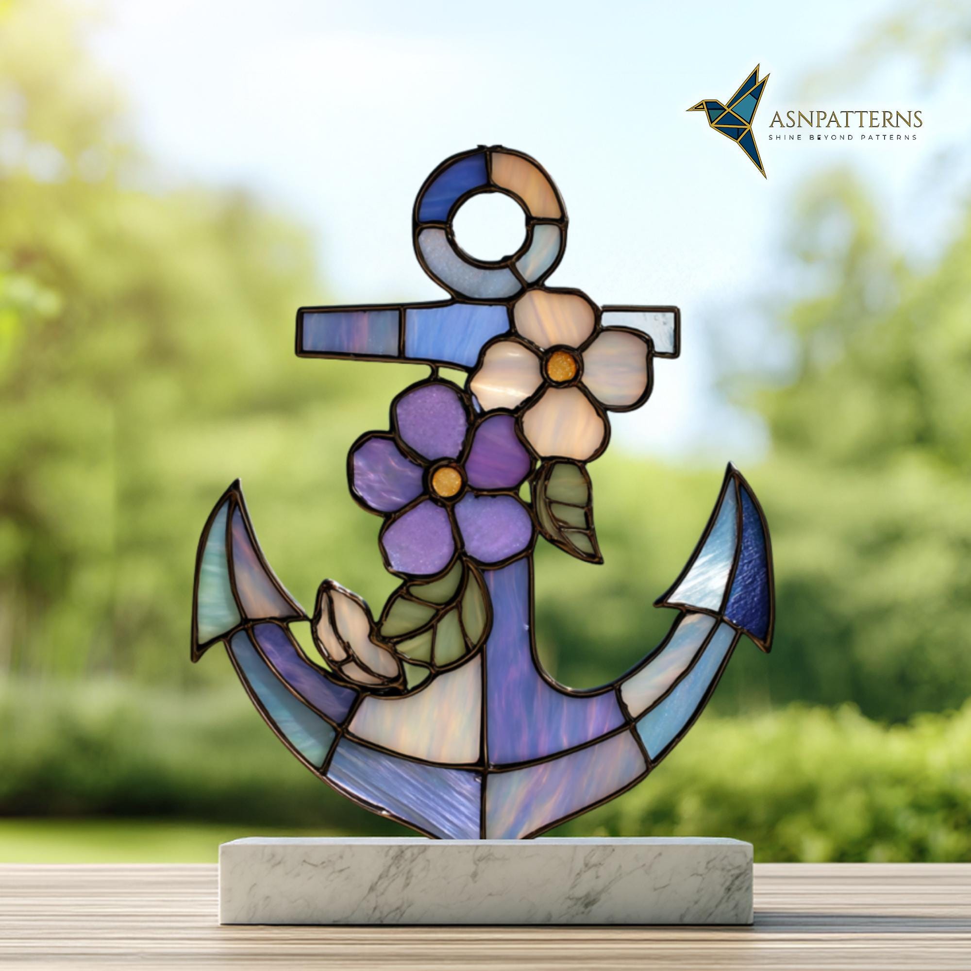 Floral Anchor Stained Glass Pattern, Anchor Suncatcher Template, DIY ...
