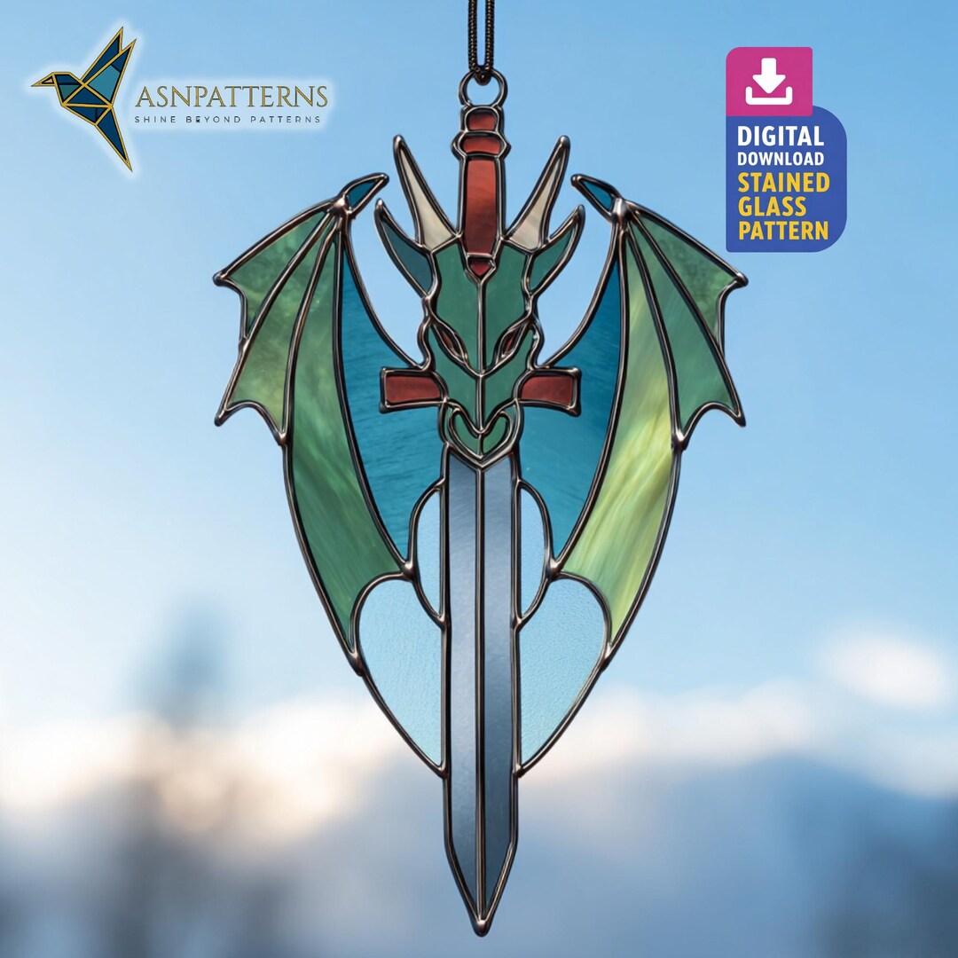 Sword Dragon Stained Glass Pattern, Dragon Suncatcher PDF Template, DIY ...
