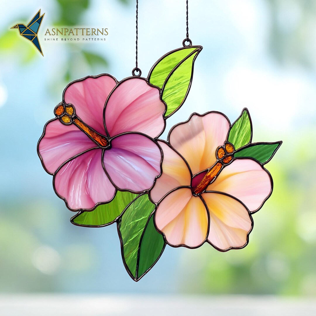 Hibiscus Stained Glass Pattern, Pink Hibiscus Suncatcher, Stained Glass ...