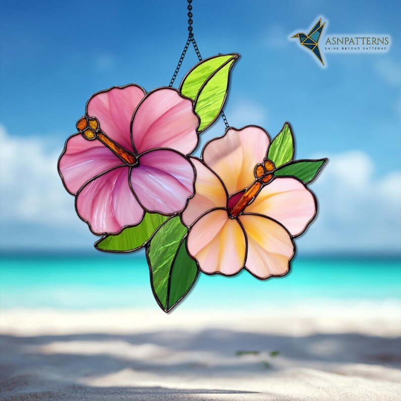 Hibiscus Stained Glass Pattern, Pink Hibiscus Suncatcher Template, DIY ...