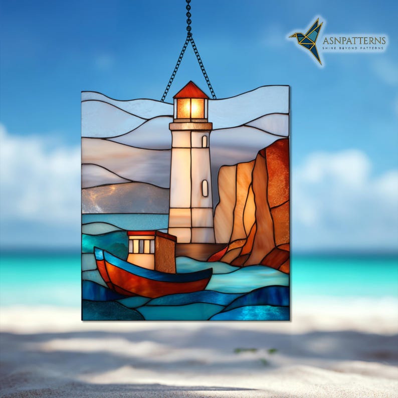 Lighthouse With Boat Stained Glass Pattern, Lighthouse Suncatcher ...