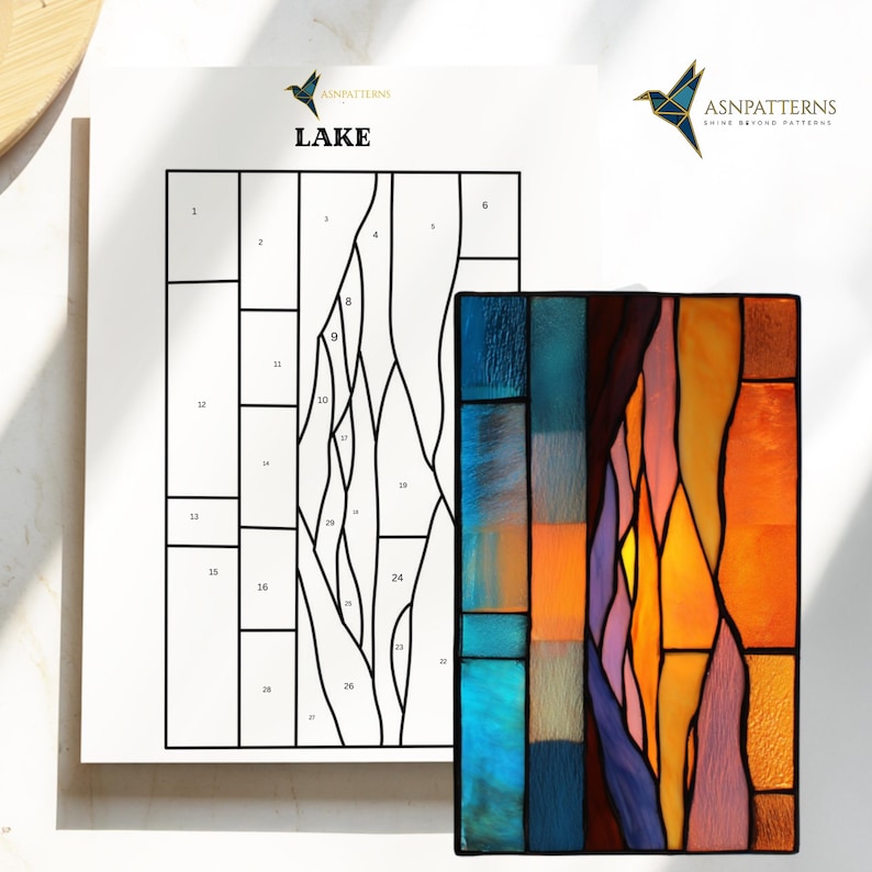 Lake Stained Glass Pattern, Sunset on Lake Suncatcher, Stained Glass ...
