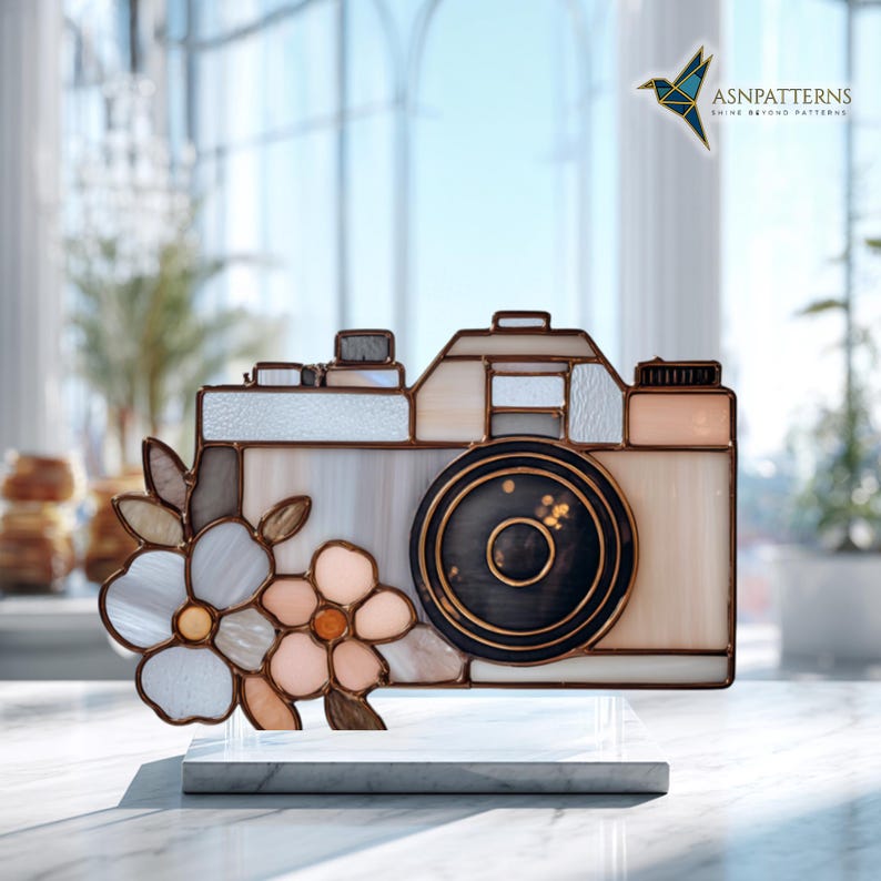 Floral Camera Stained Glass Pattern, Camera Suncatcher Template, DIY ...