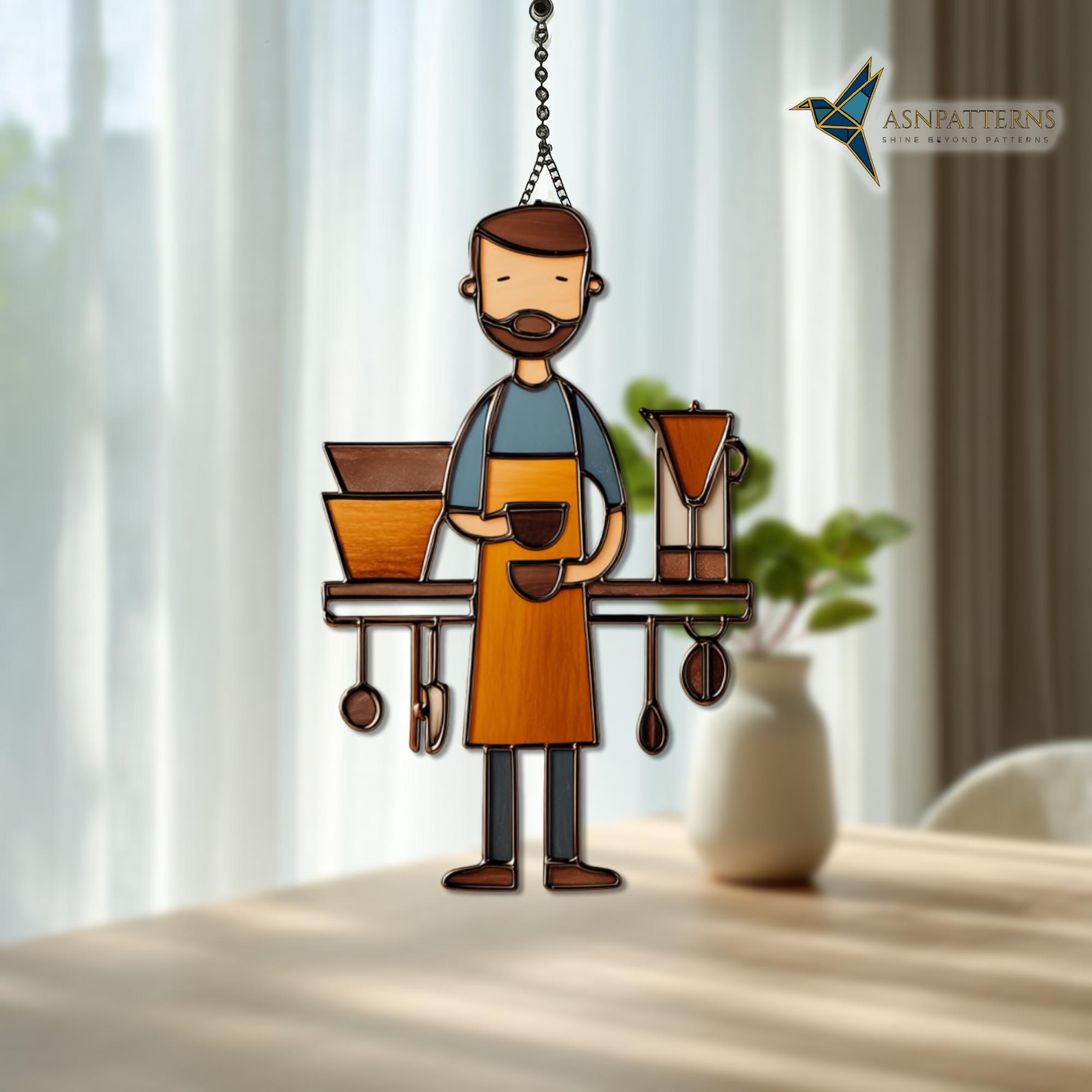Barista Stained Glass Pattern, Coffee Shop Suncatcher Template, DIY ...
