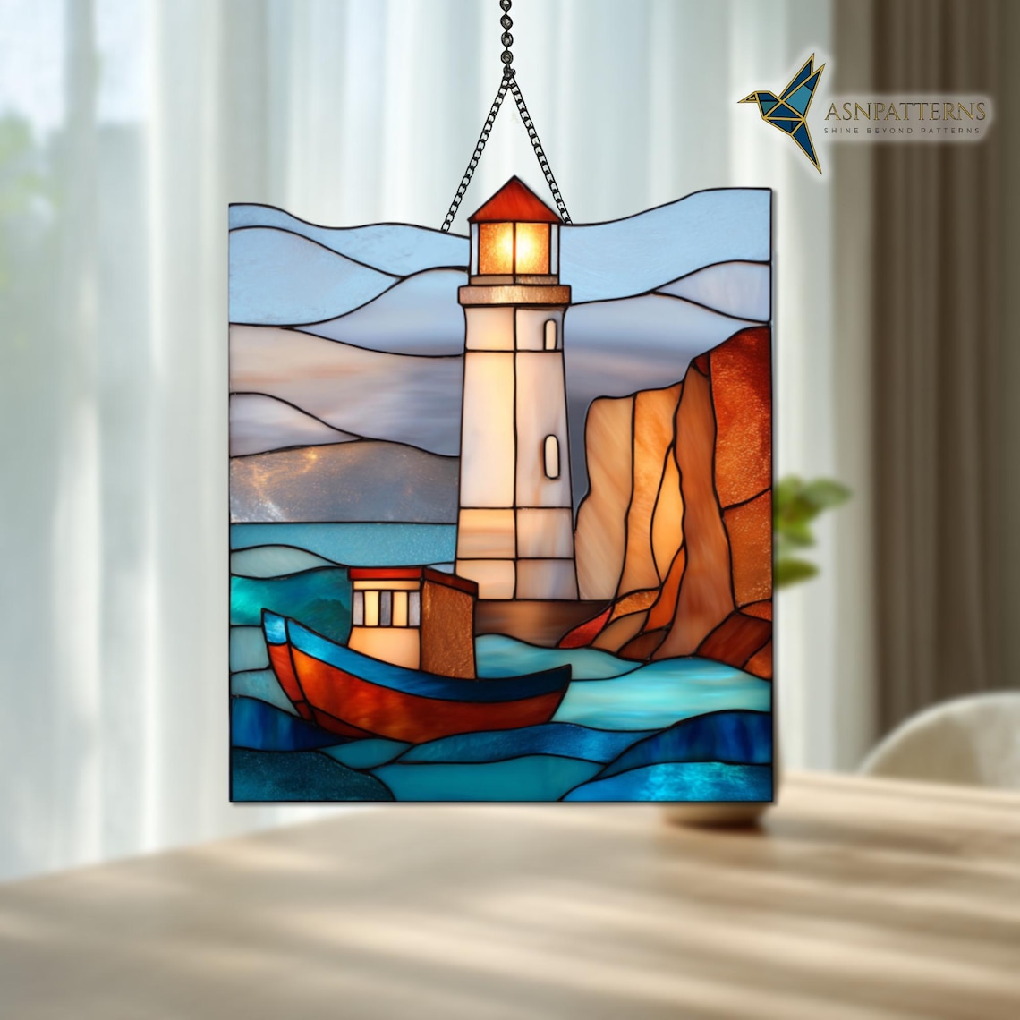Lighthouse With Boat Stained Glass Pattern, Lighthouse Suncatcher ...