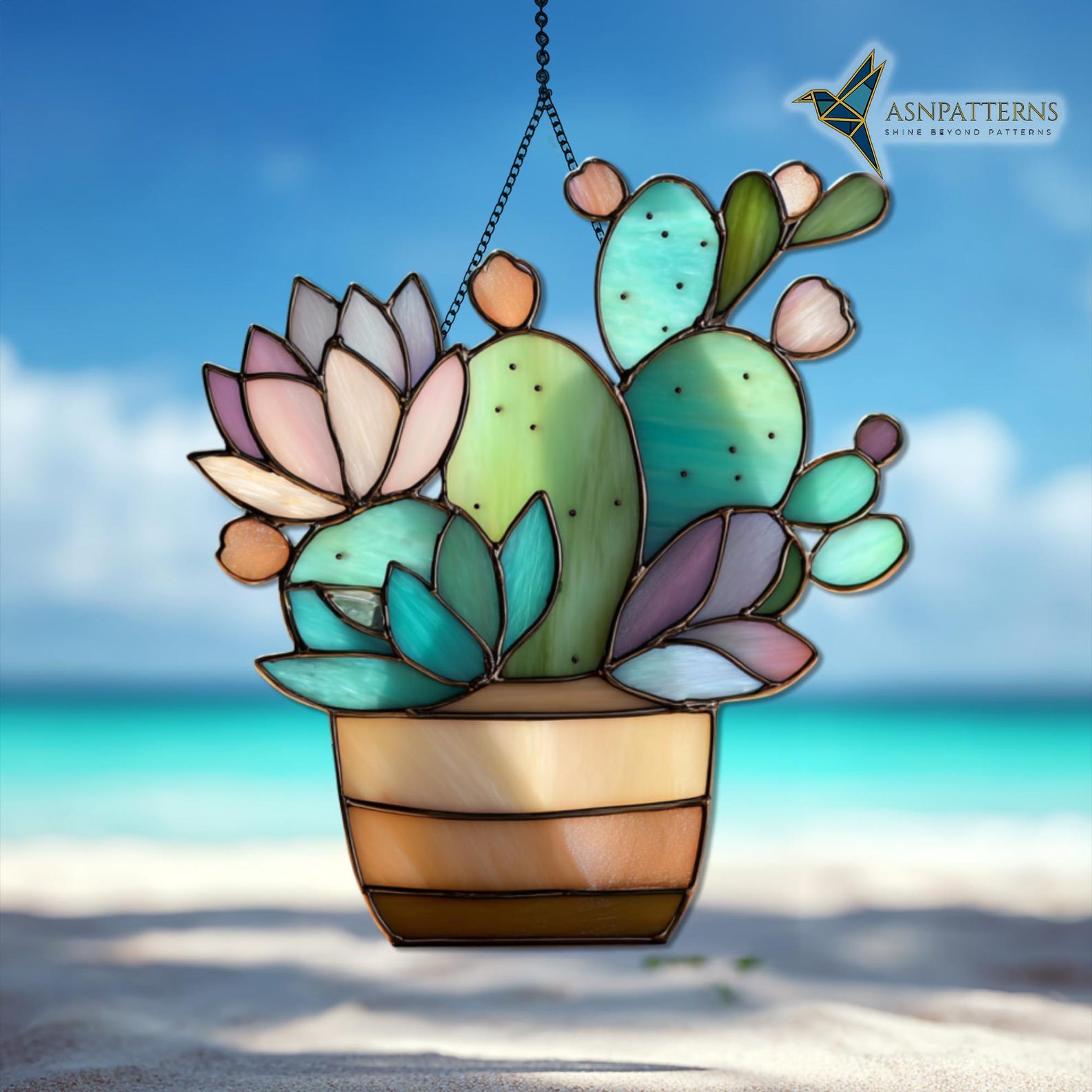Blooming Cactus Stained Glass Pattern, Cactus Suncatcher, Stained Glass ...