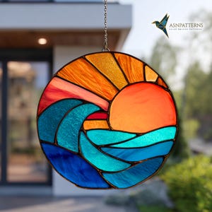 Waves and Sun Stained Glass Pattern, Sunset Suncatcher Template ...