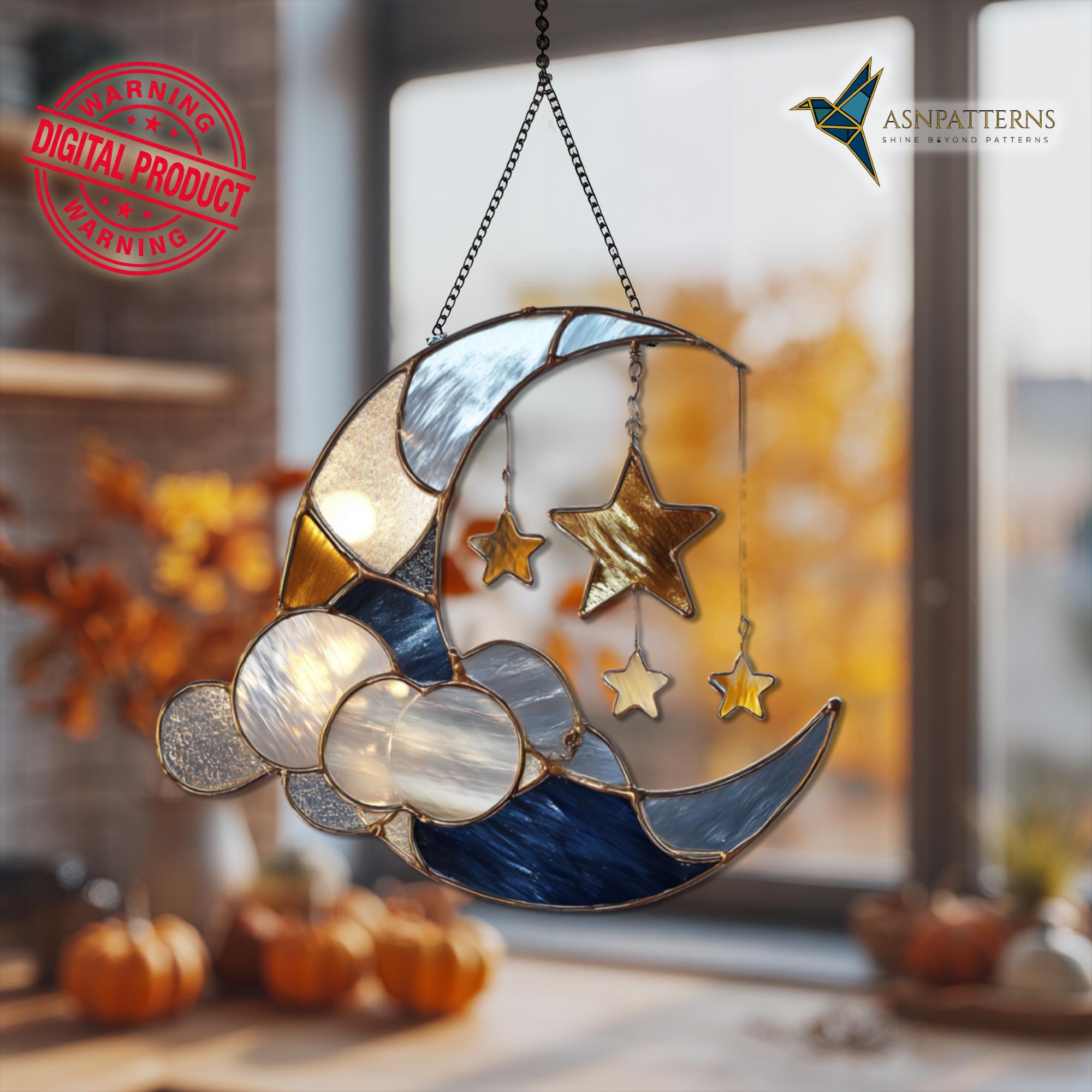 Night Moon Stained Glass Pattern, Moon and Cloud Suncatcher PDF ...