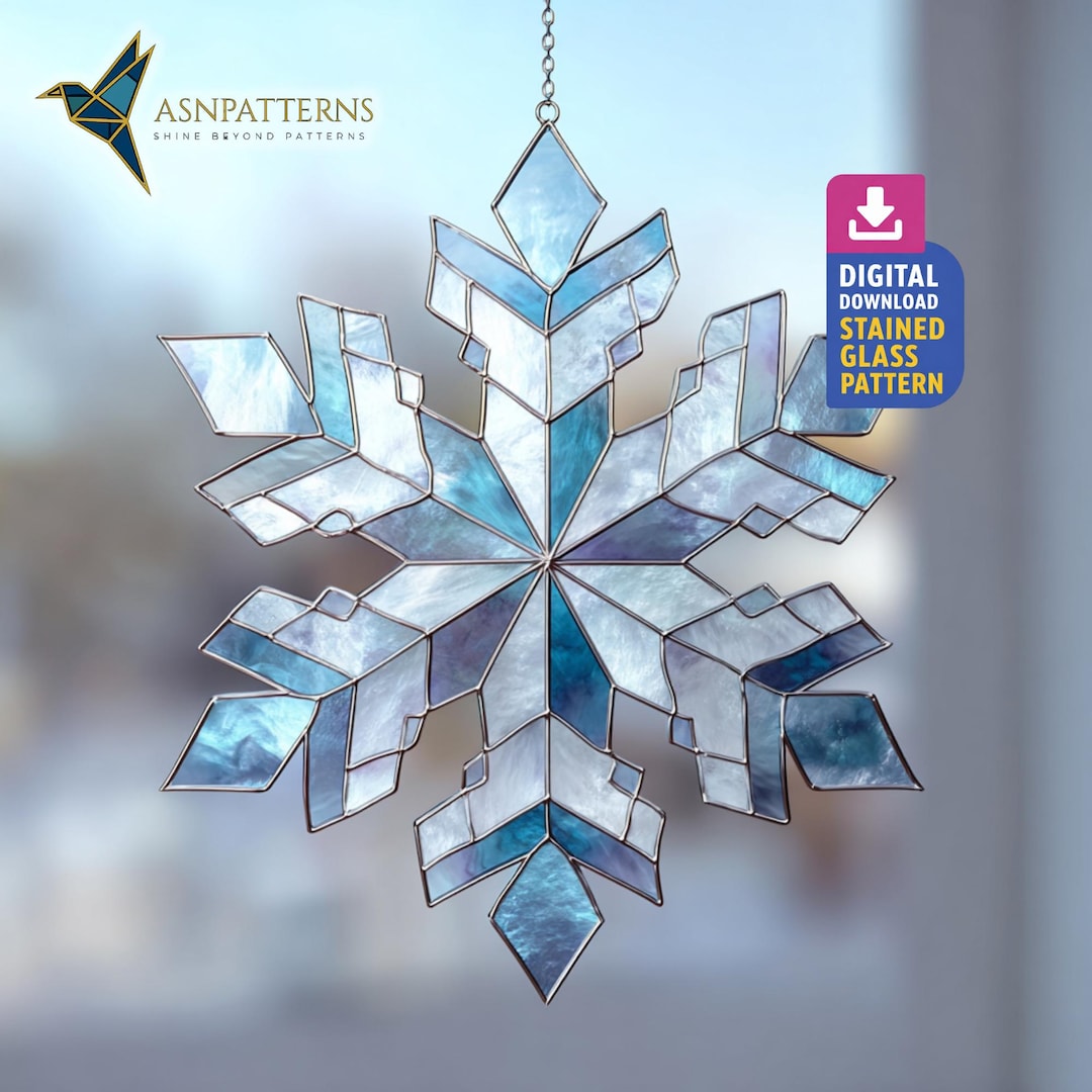 Snowflake Stained Glass Pattern, Snowflake Suncatcher, Stained Glass ...