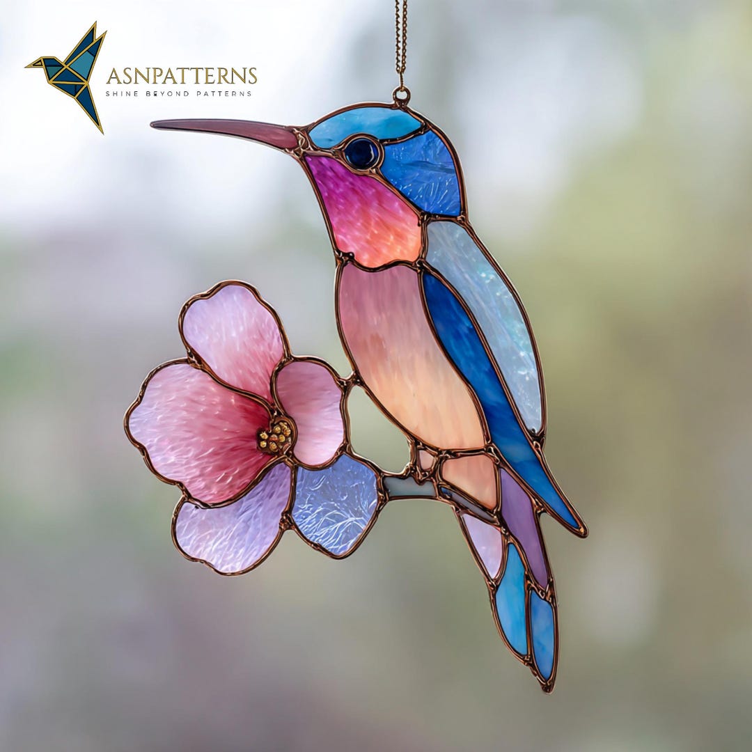Hummingbird on Flower Stained Glass Pattern, Hummingbird Suncatcher ...