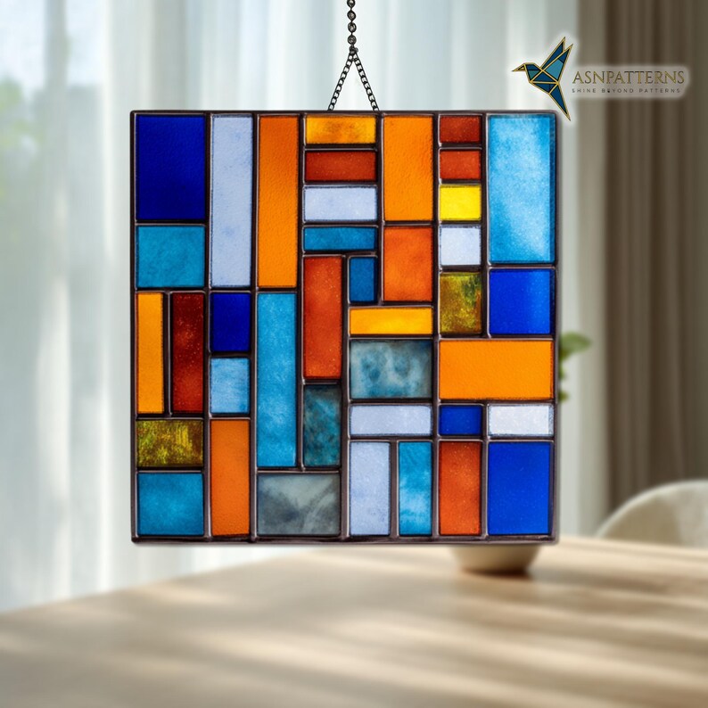 Mondrian Stained Glass Pattern, Rainbow Geometric Mondrian Suncatcher ...