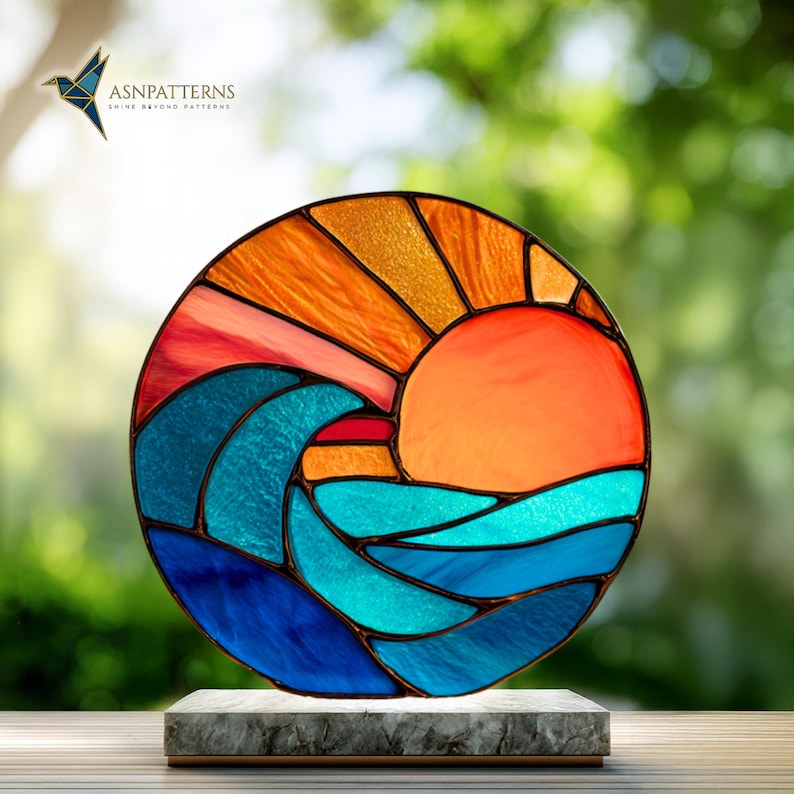 Waves and Sun Stained Glass Pattern, Sunset Suncatcher Template ...