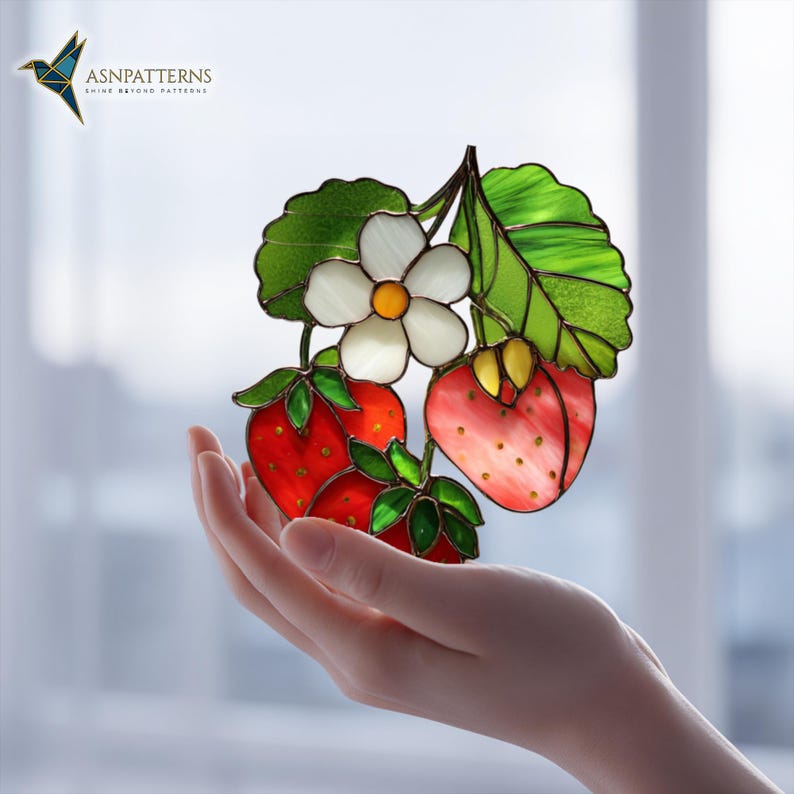 Strawberries Stained Glass Pattern, Red Strawberry Suncatcher PDF ...