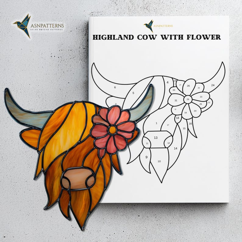 Floral Highland Cow Stained Glass Pattern, Highland Cow Head Suncatcher ...