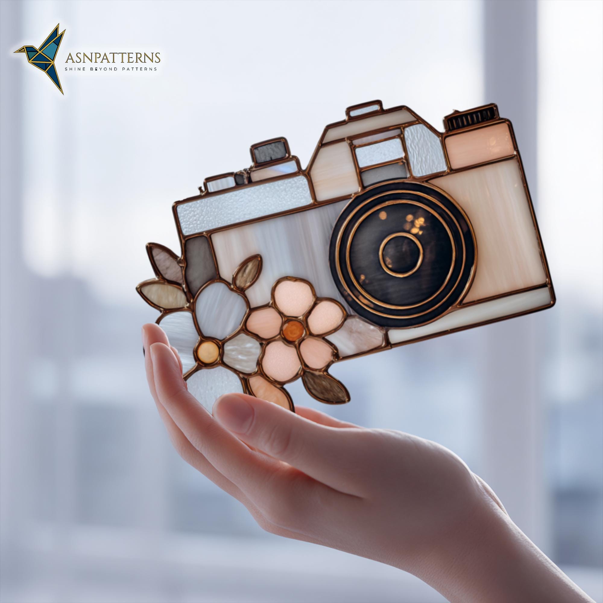 Floral Camera Stained Glass Pattern, Camera Suncatcher Template, DIY ...