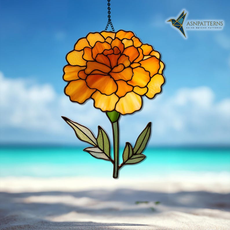 Marigold Flower Stained Glass Pattern, Birth Flower Suncatcher, Stained ...