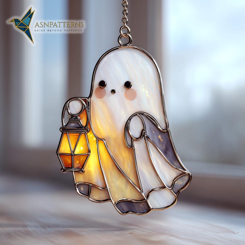 Ghost Bring Lantern Stained Glass Pattern, Cute Ghost Suncatcher ...