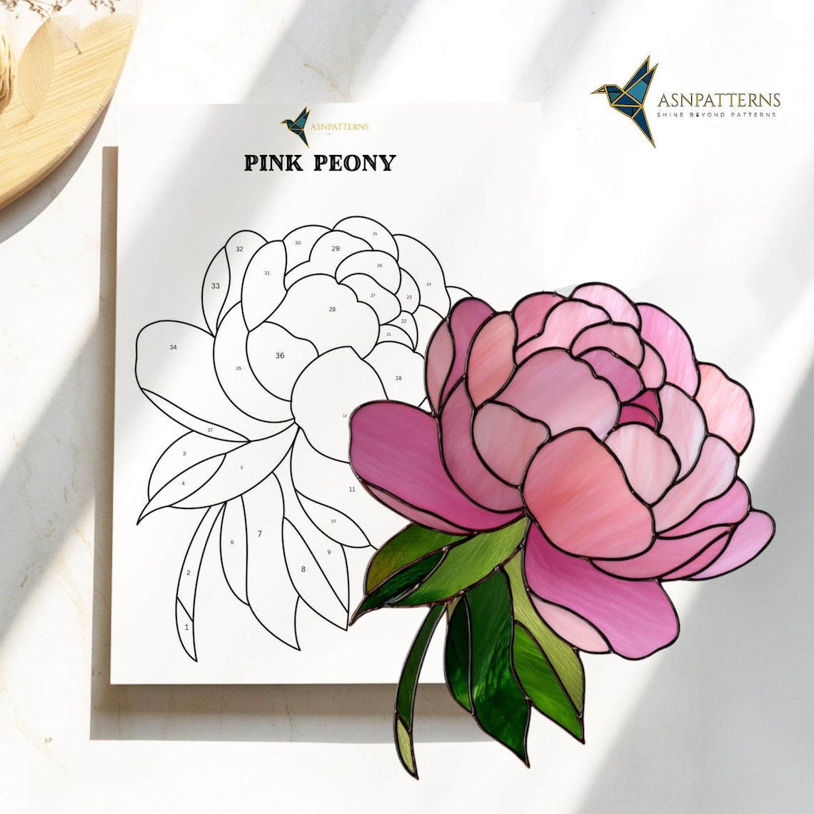 Pink Peony Stained Glass Pattern, Peony Suncatcher, Stained Glass Peony ...