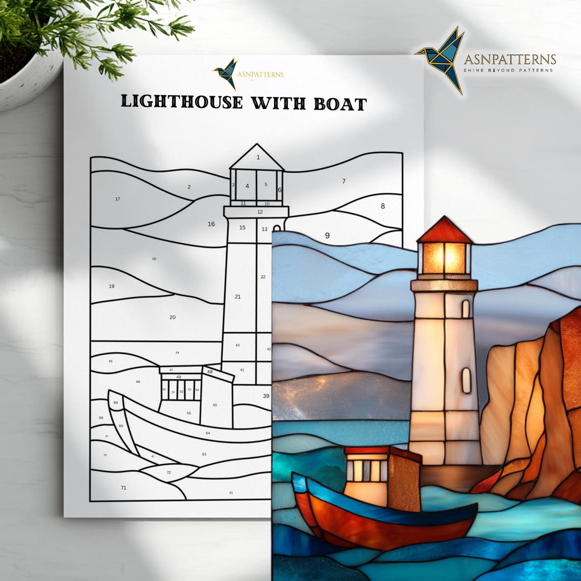 Lighthouse With Boat Stained Glass Pattern, Lighthouse Suncatcher ...