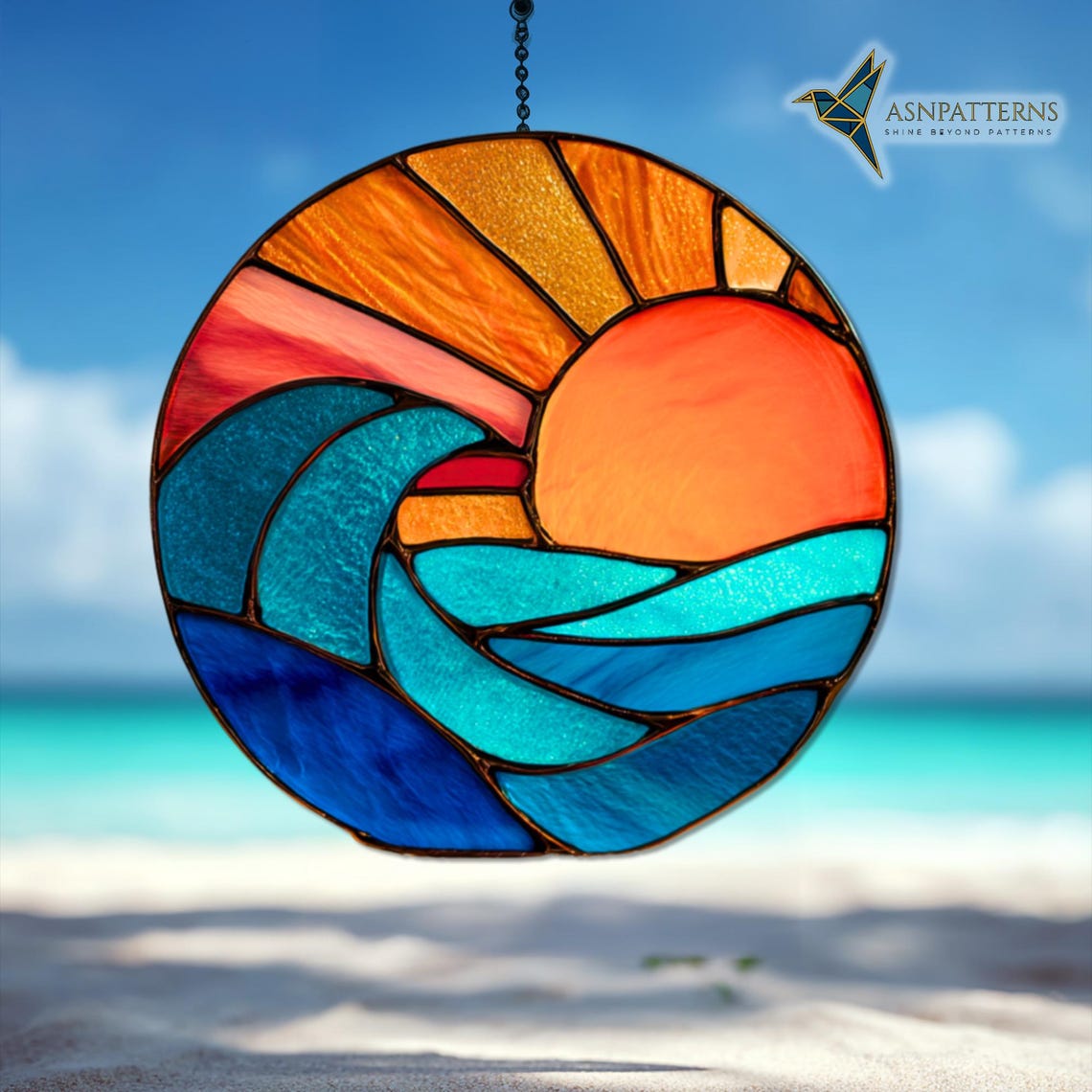 Waves and Sun Stained Glass Pattern, Sunset Suncatcher Template ...