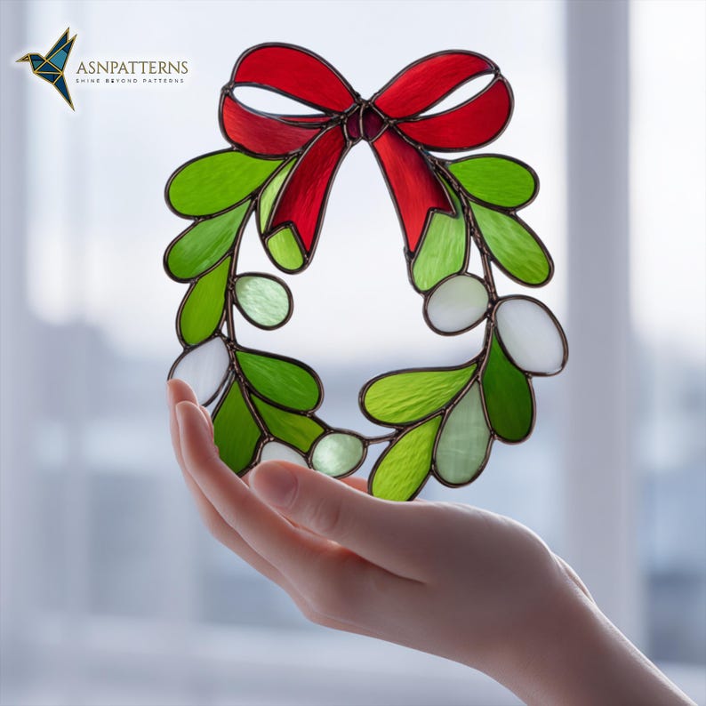 Mistletoe Branch Stained Glass Pattern, Mistletoe Wreath Suncatcher ...