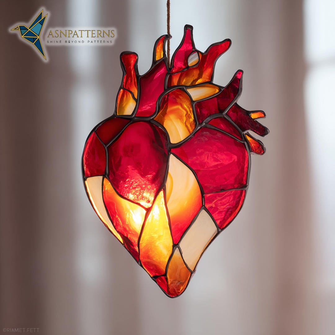Human Heart Stained Glass Pattern, Fire Heart Suncatcher, Stained Glass ...
