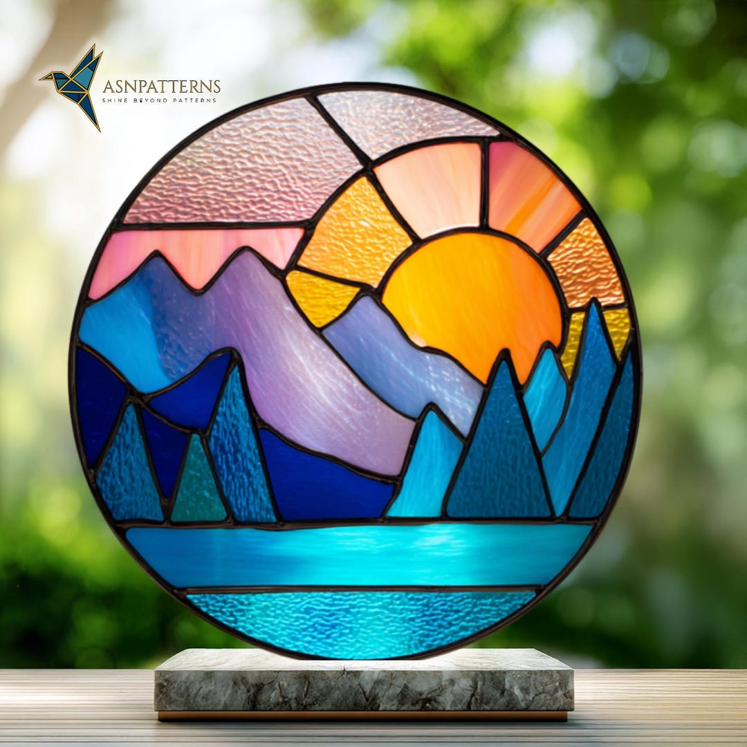 Circle Mountain Lake Stained Glass Pattern, Mountain Lake Suncatcher ...